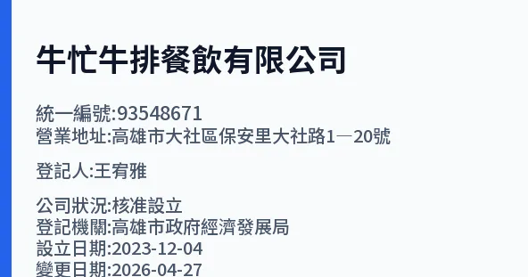 牛忙牛排餐飲有限公司的照片-統編 93548671(高雄市) 公司登記資料與營業項目詳細圖表