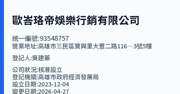 歐峇珞帝娛樂行銷有限公司的照片-統編 93548757(高雄市) 公司登記資料與營業項目詳細圖表