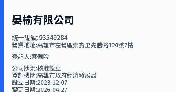晏榆有限公司的照片-統編 93549284(高雄市) 公司登記資料與營業項目詳細圖表