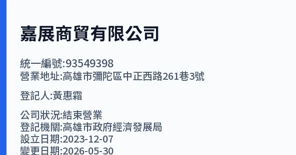 嘉展商貿有限公司的照片-統編 93549398(高雄市) 公司登記資料與營業項目詳細圖表