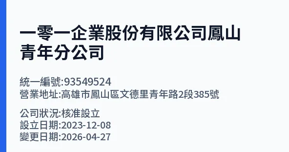 一零一企業股份有限公司鳳山青年分公司的照片-統編 93549524(高雄市) 公司登記資料與營業項目詳細圖表