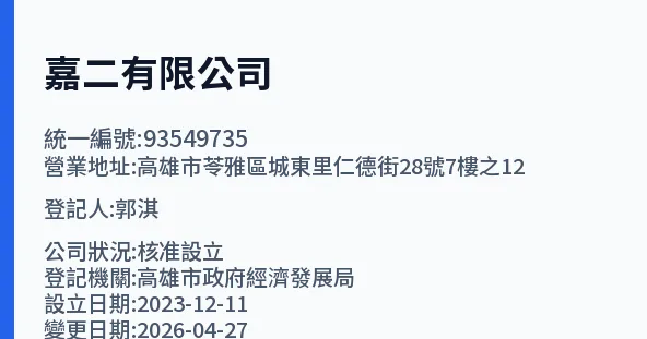 嘉二有限公司的照片-統編 93549735(高雄市) 公司登記資料與營業項目詳細圖表