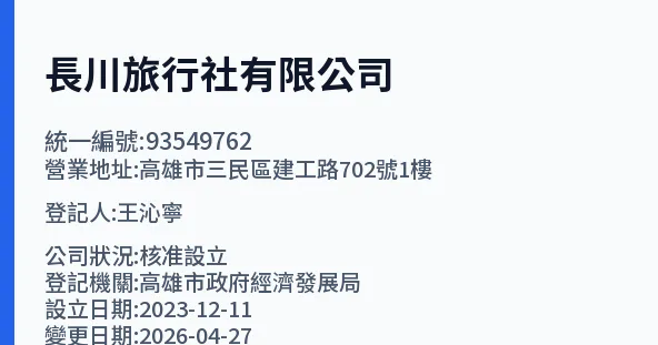 長川旅行社有限公司的照片-統編 93549762(高雄市) 公司登記資料與營業項目詳細圖表