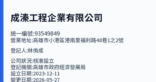 成溱工程企業有限公司的照片-統編 93549849(高雄市) 公司登記資料與營業項目詳細圖表
