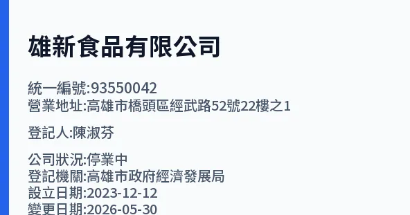 雄新食品有限公司的照片-統編 93550042(高雄市) 公司登記資料與營業項目詳細圖表