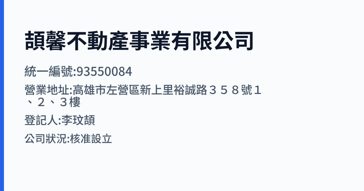 頡馨不動產事業有限公司 - 統編 93550084(高雄市) 公司登記資料與營業項目詳細圖表