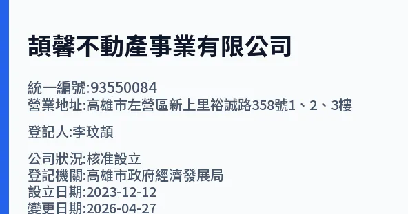 頡馨不動產事業有限公司的照片-統編 93550084(高雄市) 公司登記資料與營業項目詳細圖表