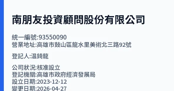 南朋友投資顧問股份有限公司的照片-統編 93550090(高雄市) 公司登記資料與營業項目詳細圖表