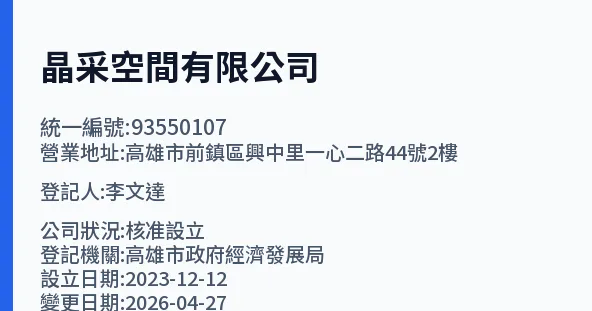晶采空間有限公司的照片-統編 93550107(高雄市) 公司登記資料與營業項目詳細圖表
