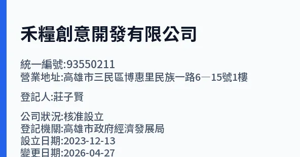 禾糧創意開發有限公司的照片-統編 93550211(高雄市) 公司登記資料與營業項目詳細圖表