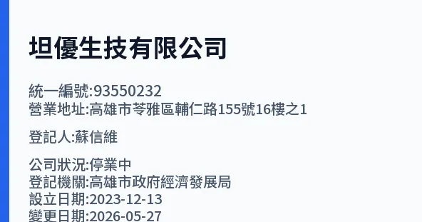 坦優生技有限公司的照片-統編 93550232(高雄市) 公司登記資料與營業項目詳細圖表