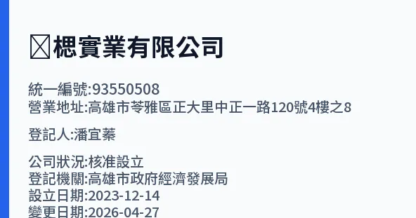 聕楒實業有限公司的照片-統編 93550508(高雄市) 公司登記資料與營業項目詳細圖表