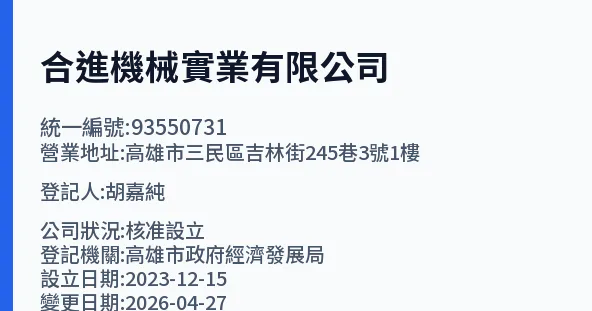 合進機械實業有限公司的照片-統編 93550731(高雄市) 公司登記資料與營業項目詳細圖表