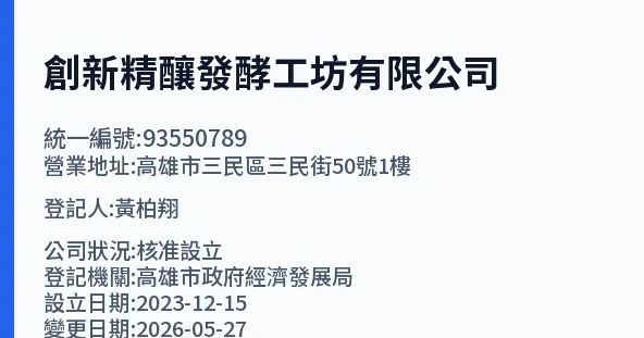 創新精釀發酵工坊有限公司的照片-統編 93550789(高雄市) 公司登記資料與營業項目詳細圖表