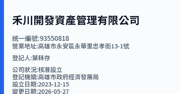 禾川開發資產管理有限公司的照片-統編 93550818(高雄市) 公司登記資料與營業項目詳細圖表