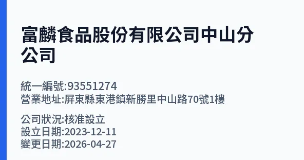 富麟食品股份有限公司中山分公司的照片-統編 93551274(屏東縣) 公司登記資料與營業項目詳細圖表