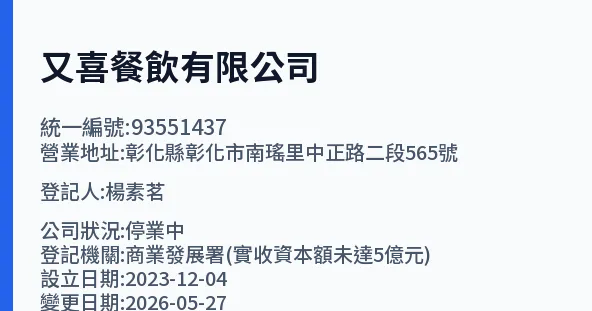 又喜餐飲有限公司的照片-統編 93551437(彰化縣) 公司登記資料與營業項目詳細圖表