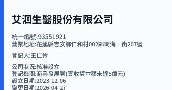 艾洄生醫股份有限公司的照片-統編 93551921(花蓮縣) 公司登記資料與營業項目詳細圖表