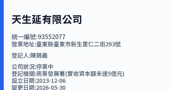天生延有限公司的照片-統編 93552077(臺東縣) 公司登記資料與營業項目詳細圖表