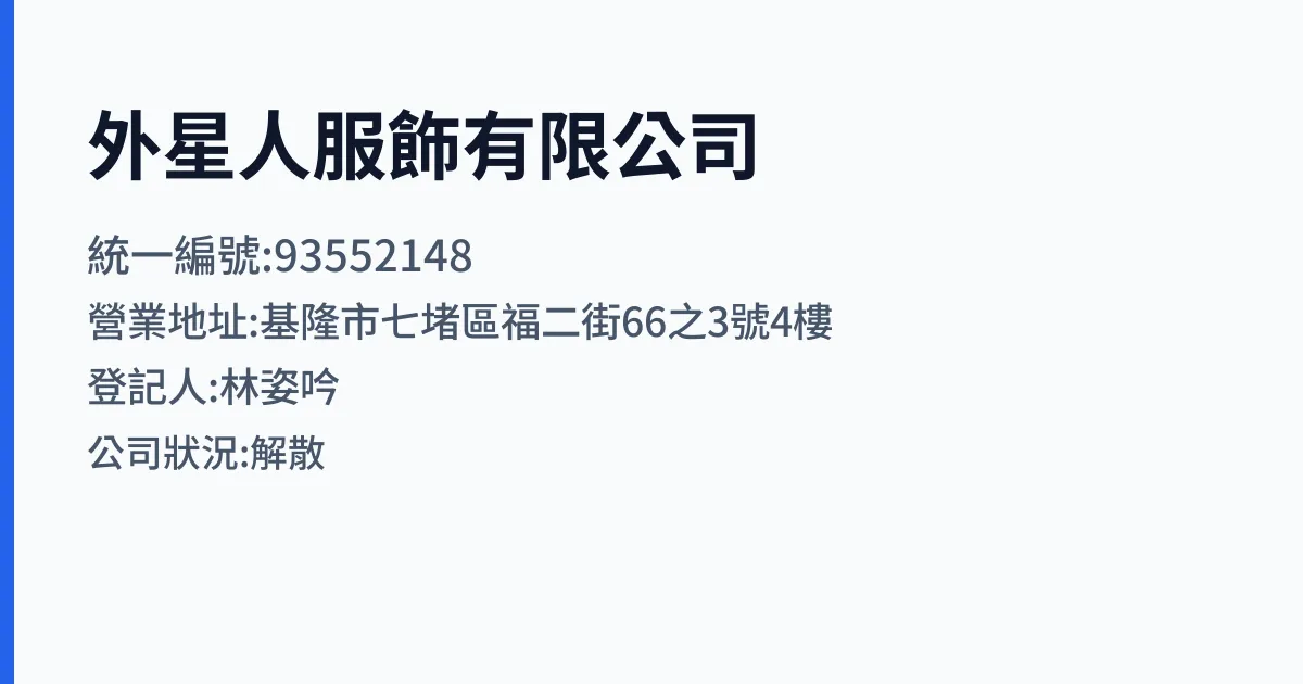 外星人服飾有限公司 - 統編 93552148(基隆市) 公司登記資料與營業項目詳細圖表