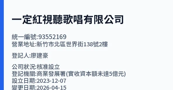 一定紅視聽歌唱有限公司的照片-統編 93552169(新竹市) 公司登記資料與營業項目詳細圖表