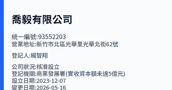 喬毅有限公司的照片-統編 93552203(新竹市) 公司登記資料與營業項目詳細圖表