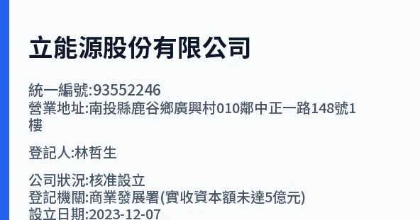 立能源股份有限公司的照片-統編 93552246(南投縣) 公司登記資料與營業項目詳細圖表