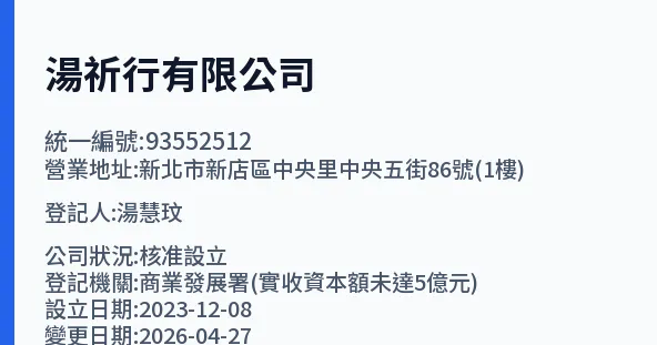 湯祈行有限公司的照片-統編 93552512(新北市) 公司登記資料與營業項目詳細圖表