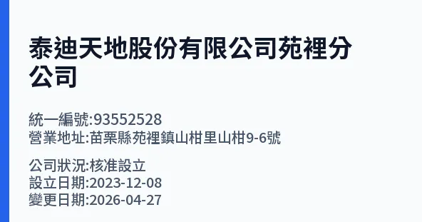泰迪天地股份有限公司苑裡分公司的照片-統編 93552528(苗栗縣) 公司登記資料與營業項目詳細圖表