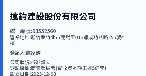 遠鈞建設股份有限公司的照片-統編 93552560(新竹縣) 公司登記資料與營業項目詳細圖表