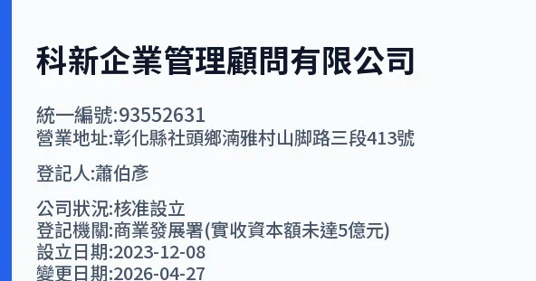 科新企業管理顧問有限公司的照片-統編 93552631(彰化縣) 公司登記資料與營業項目詳細圖表
