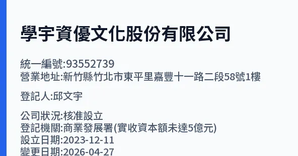 學宇資優文化股份有限公司的照片-統編 93552739(新竹縣) 公司登記資料與營業項目詳細圖表