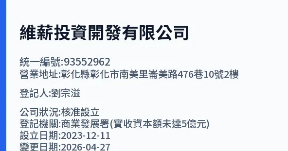 維薪投資開發有限公司的照片-統編 93552962(彰化縣) 公司登記資料與營業項目詳細圖表