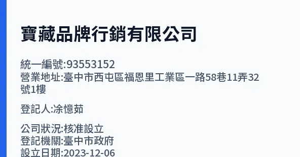 寶藏品牌行銷有限公司的照片-統編 93553152(臺中市) 公司登記資料與營業項目詳細圖表