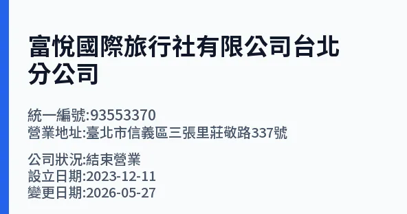 富悅國際旅行社有限公司台北分公司的照片-統編 93553370(臺北市) 公司登記資料與營業項目詳細圖表