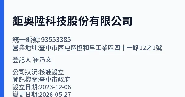 鉅奧陞科技股份有限公司的照片-統編 93553385(臺中市) 公司登記資料與營業項目詳細圖表