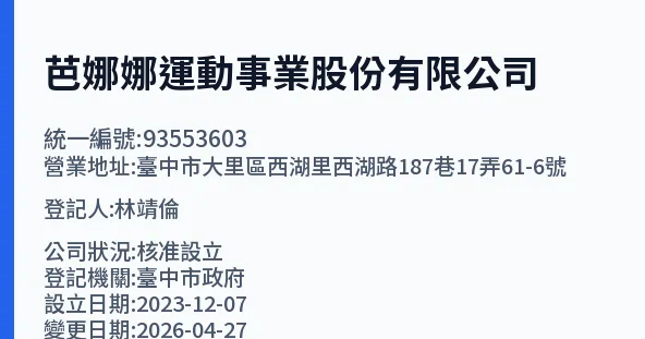 芭娜娜運動事業股份有限公司的照片-統編 93553603(臺中市) 公司登記資料與營業項目詳細圖表