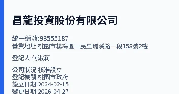 昌龍投資股份有限公司的照片-統編 93555187(桃園市) 公司登記資料與營業項目詳細圖表