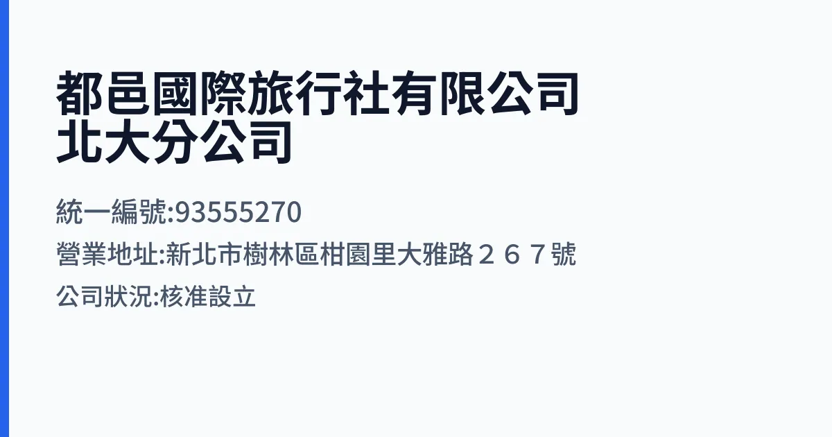 都邑國際旅行社有限公司北大分公司 - 統編 93555270(新北市) 公司登記資料與營業項目詳細圖表