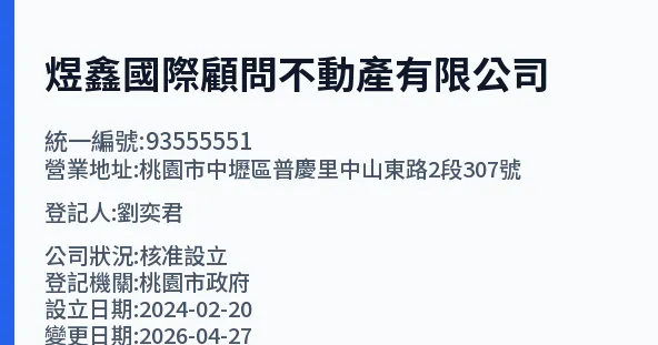煜鑫國際顧問不動產有限公司的照片-統編 93555551(桃園市) 公司登記資料與營業項目詳細圖表