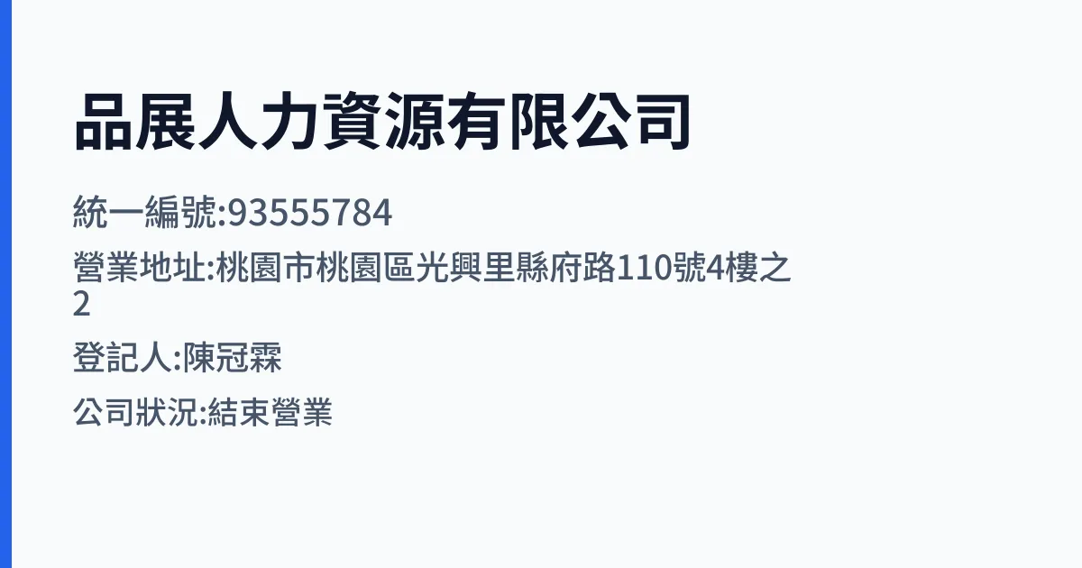 品展人力資源有限公司 - 統編 93555784(桃園市) 公司登記資料與營業項目詳細圖表
