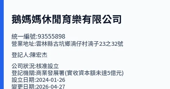 鵝媽媽休閒育樂有限公司的照片-統編 93555898(雲林縣) 公司登記資料與營業項目詳細圖表