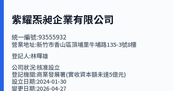 紫耀炁昶企業有限公司的照片-統編 93555932(新竹市) 公司登記資料與營業項目詳細圖表