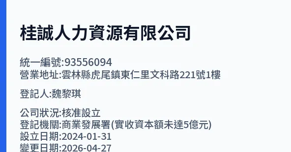 桂誠人力資源有限公司的照片-統編 93556094(雲林縣) 公司登記資料與營業項目詳細圖表