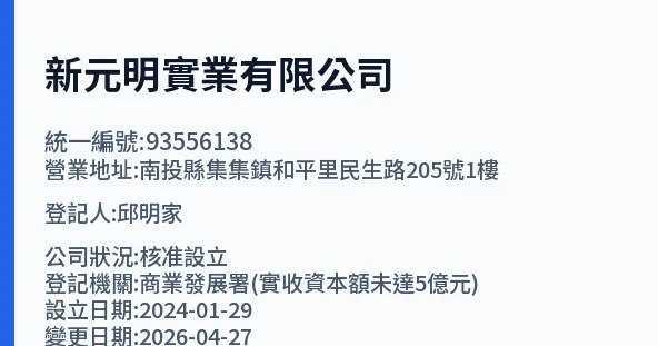新元明實業有限公司的照片-統編 93556138(南投縣) 公司登記資料與營業項目詳細圖表