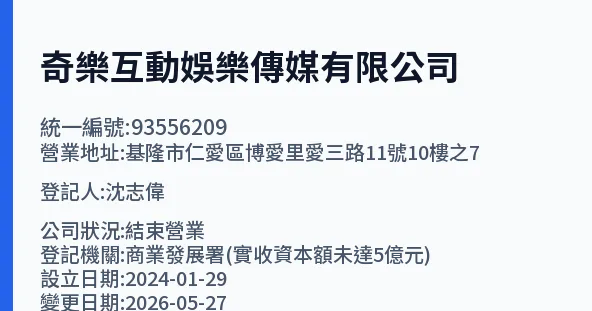 奇樂互動娛樂傳媒有限公司的照片-統編 93556209(基隆市) 公司登記資料與營業項目詳細圖表
