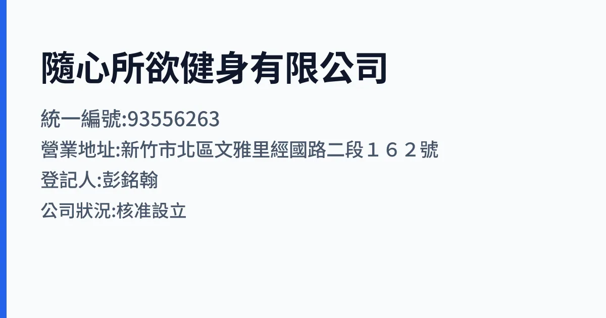 隨心所欲健身有限公司 - 統編 93556263(新竹市) 公司登記資料與營業項目詳細圖表