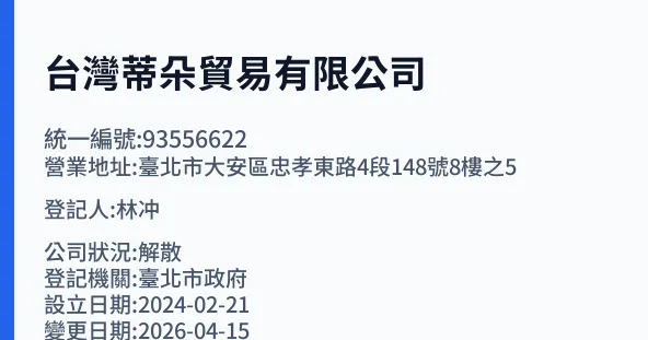 台灣蒂朵貿易有限公司的照片-統編 93556622(臺北市) 公司登記資料與營業項目詳細圖表