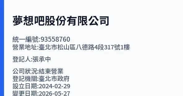夢想吧股份有限公司的照片-統編 93558760(臺北市) 公司登記資料與營業項目詳細圖表