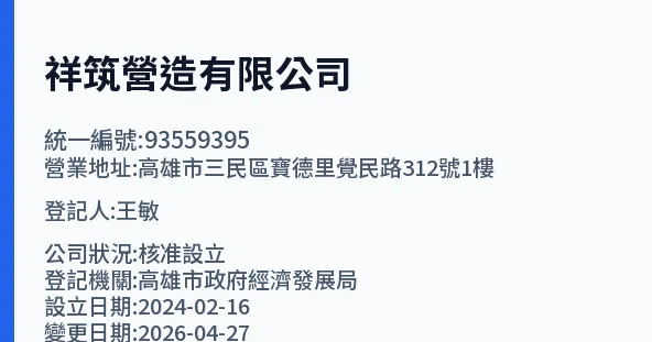 祥筑營造有限公司的照片-統編 93559395(高雄市) 公司登記資料與營業項目詳細圖表